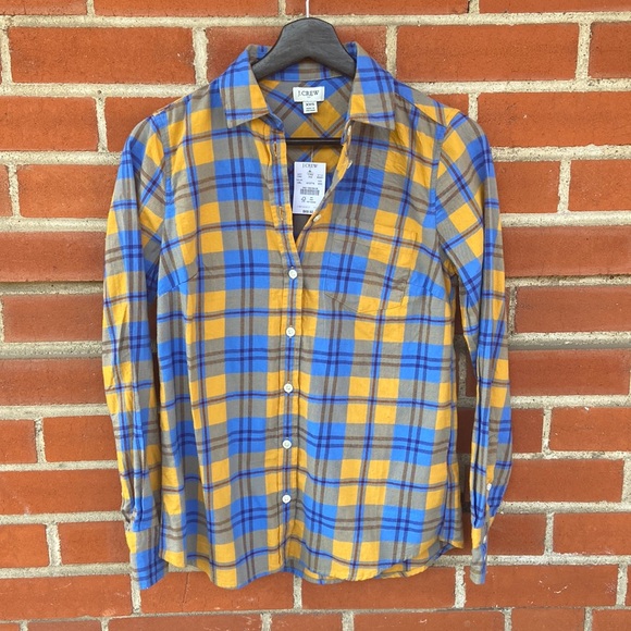 J. Crew | Tops | Jcrew Plaid Cotton Flannel In Blue And Yellow | Poshmark